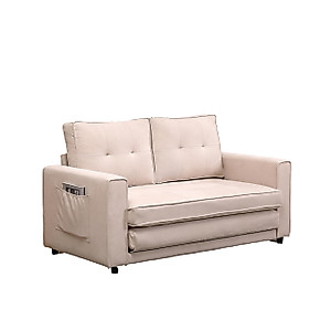 MATONELL 3-in-1 Upholstered Futon Sofa Convertible Floor Sofa Bed,Foldable Tufted Loveseat with Pull Out Sleeper Couch Bed,Folding Mattres Love Seat Daybed W/Side Pockets for Living Room,Beige