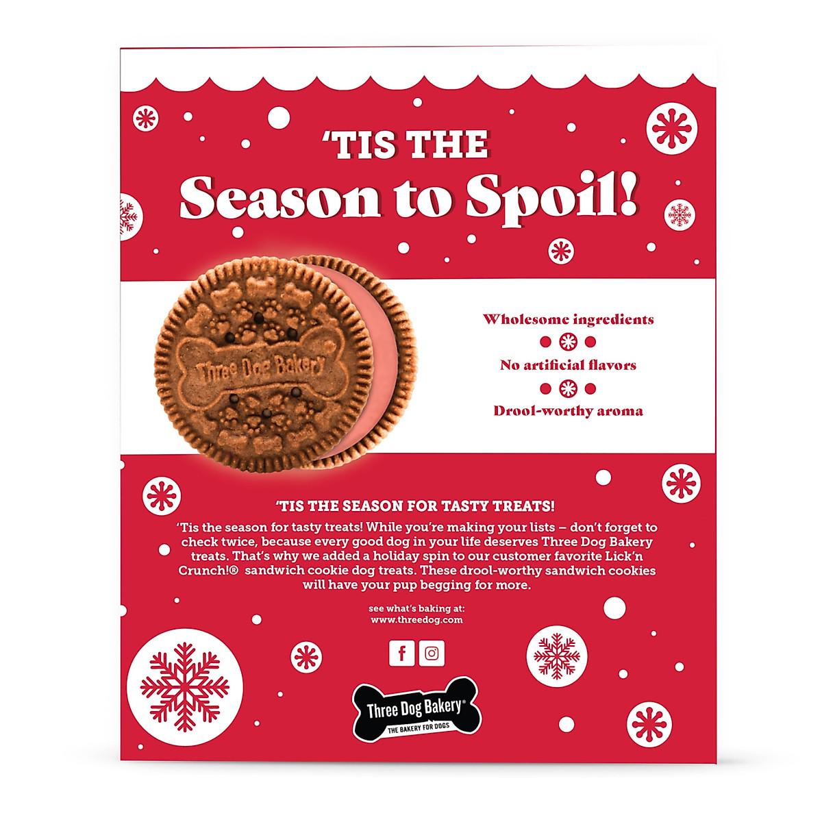 Three Dog Bakery Holiday Lick'n Crunch, Carob Cookie w/Red Crème, Vanilla Flavored Filling, Premium Treats for Dogs, 13 Ounces Each
