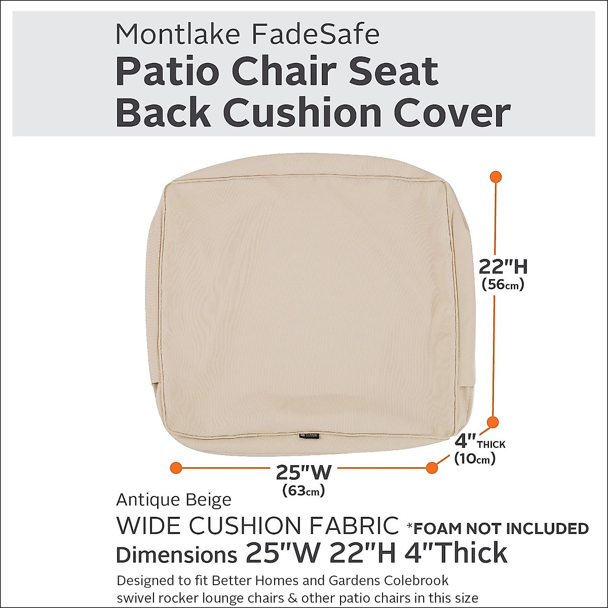Classic Accessories Montlake Water-Resistant 25 x 22 x 4 Inch Outdoor Back Cushion Slip Cover, Patio Furniture Cushion Cover, Antique Beige, Patio Furniture Cushion Covers