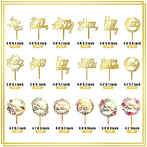32 PCS Gold Happy Birthday Cake Toppers Flower Acrylic Gold Birthday Cake Topper Cake Pick Decorations for Birthday Party Cake Desserts Pastries (Gold)