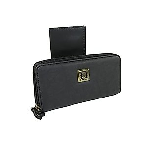 New Stone Mountain Zip Around Wallet & Checkbook Purse Bag Black Leather 2 Piece