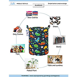 CherryPig RUNRONG Large Size Round Storage Basket Foldable Waterproof Canvas Laundry Hamper with Handles Nursery Organizer for Bedroom/Living Room/Bathroom(Round Dinosaur Paradise)