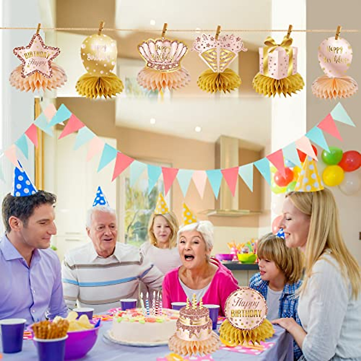 Pink Rose Gold Birthday Decorations Table Honeycomb Centerpieces for Women Girls, 8Pcs Happy Birthday Table Party Supplies, 10th 16th 21st 30th 40th 50th 60th Bday Table Sign Decor