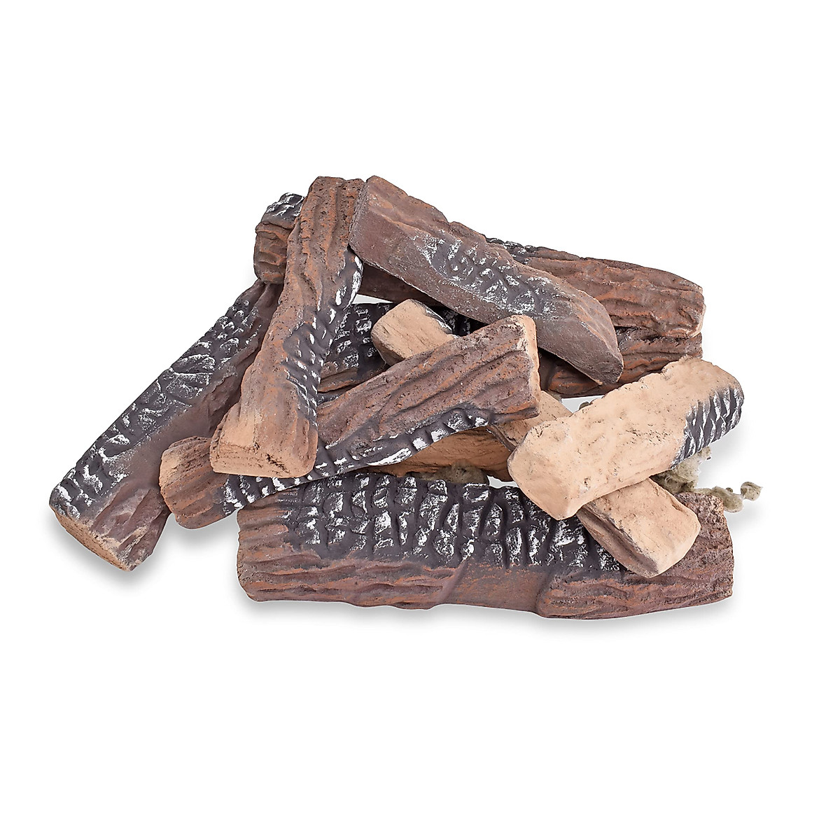 Chesio Ceramic Fire Log Set - 10 Piece Indoor Fireplace Logs - Complete with Rockwool Glowing Embers