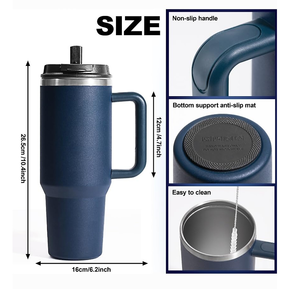 Klickpick Home 40 Ounce Stainless Steel Vaccum Insulated Thermal Tumbler With Handle Lid 2 straws, Reusable Travel Coffee Mug Cup Cupholder friendly, Keeps cold for 30 H, 100% Leakproof (Navy Blue)