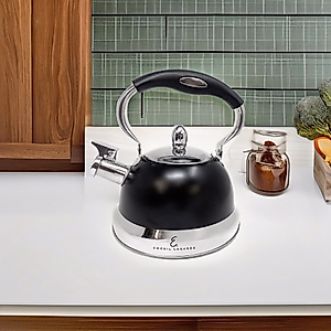 Emeril Lagasse 2.6 Quart/2.5 Liter Whistling Tea Kettle, Stainless Steel Tea Pot for Induction Stove Top, Fast to Boil Water for Home Kitchen Condo, with Ergonomic Cool Folding Grip Handle, Black Comb