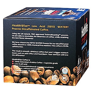 HealthWise Low Acid Swiss Water Decaffeinated Coffee for Keurig K-Cup Brewers, 100% Colombian Decaf Supremo, 12 Count