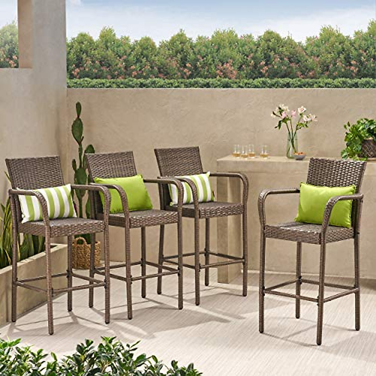 Christopher Knight Home Delfina Outdoor Wicker Barstools with Iron Frame, 4-Pcs Set, Mix Mocha
