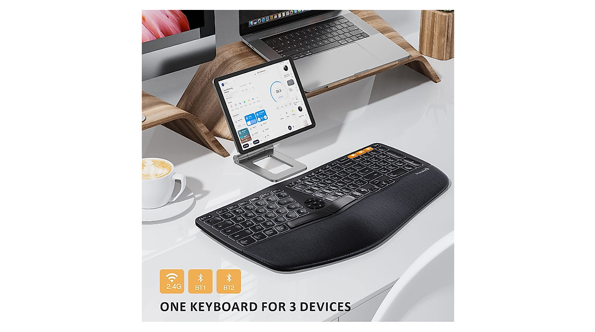 ProtoArc Backlit Ergonomic Wireless Keyboard for Multi-Device Use
