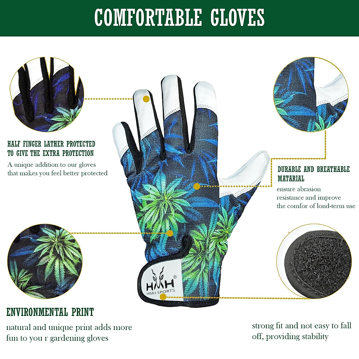 HMH Leather Gardening Gloves - Large, Green Short, Unisex