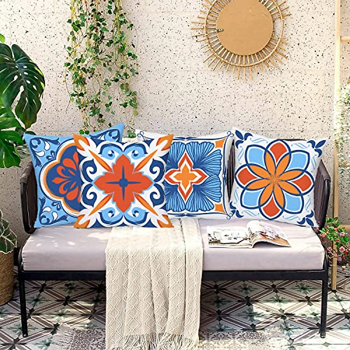 Royalours Outdoor Waterproof Throw Pillow Covers 18x18 Inch Set of 4 for Patio Furniture Flower Design Boho Farmhouse Pillow Cover Square Modern Geometry Pillow Cases for Garden Porch(Boho 4)