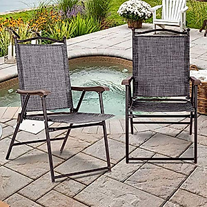 Giantex Set of 4 Folding Sling Back Chairs Indoor Outdoor Camping Chairs Garden Patio Pool Beach Yard Lounge Chairs w/Armrest (Gray)