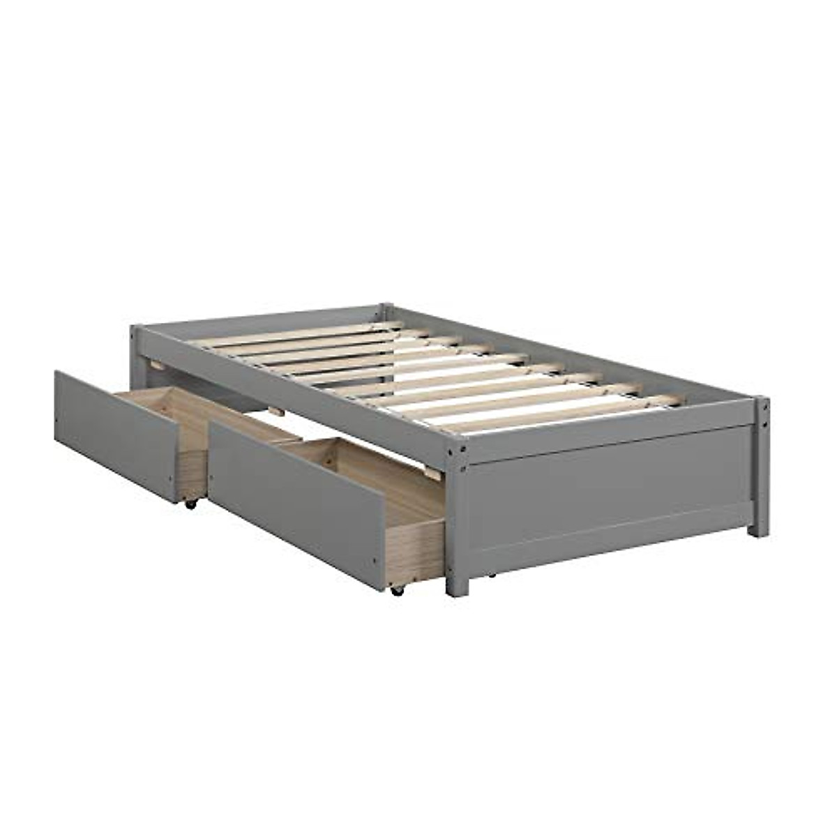 Twin Size Platform Bed with 2 Storage Drawers,Twin Bed Frame with Storage, Solid Wood Daybed with No Headboard for Kids Teen Grils Boys,Easy Assembly (Gray)