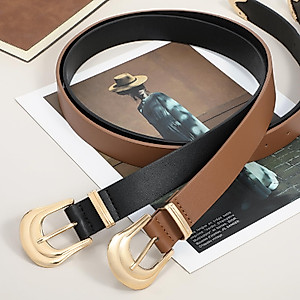 XZQTIVE Women's Leather Belt Plus Size Ladies Western Belt Silver Gold Buckle Brown Waist Belt for Jeans Pants Dresses