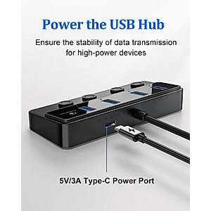 Qeefun 4-Port USB Hub 3.0, Individual LED Power Switches USB Extension 2ft USB Extender 5V/3A USB Adapter for Laptop, PC, USB Flash Drives, and More……