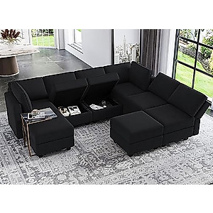 Belffin Modular Sectional Sofa with Ottomans Velvet Reversible Sleeper Chaise Bed Storage Seat Black