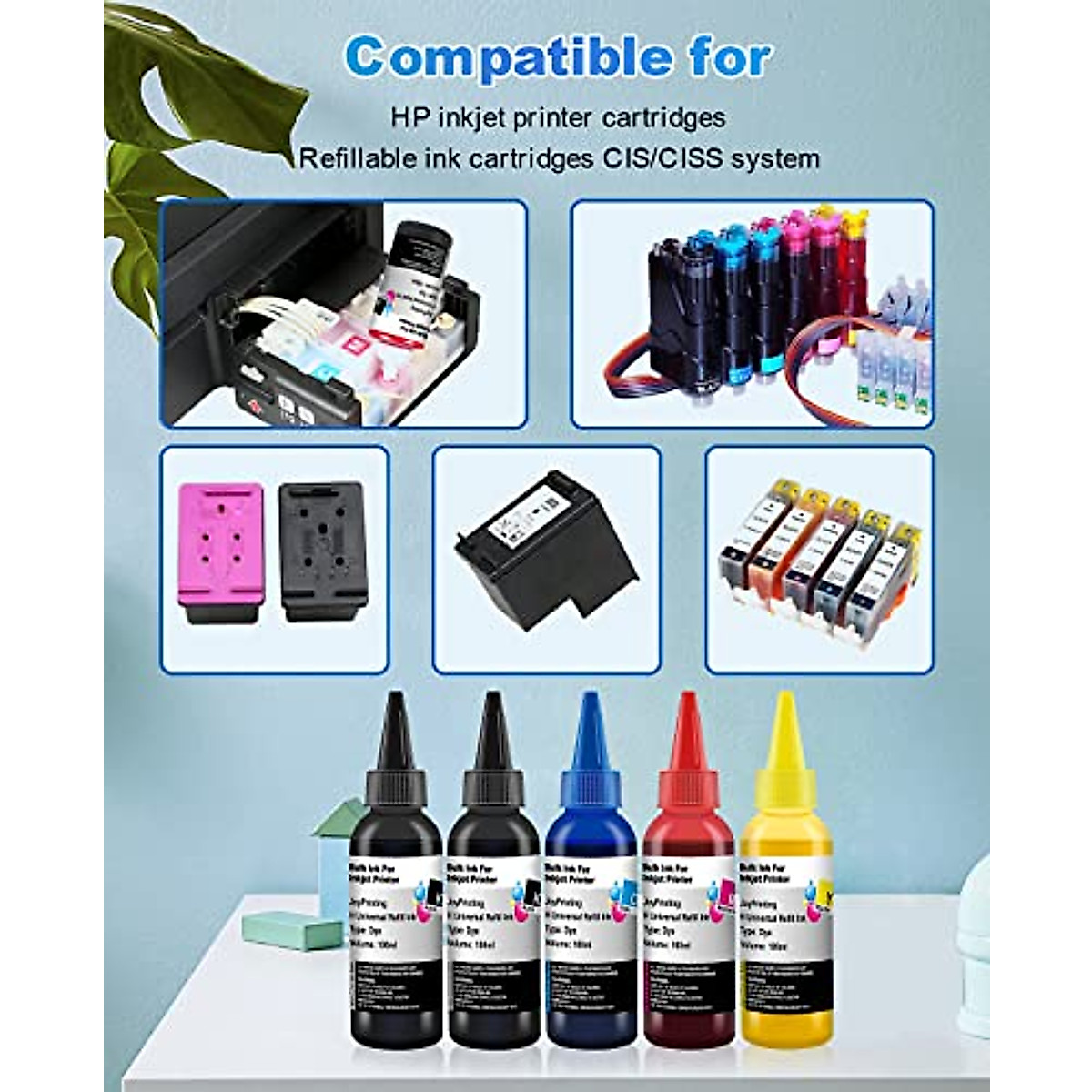 JoyPrinting Ink Refill Kit for HP Printer Cartridges HP 67 60 61 62 63 65 950 951 952 962 920 901 902 932 933 934 940 Refillable Ink Cartridges CISS System (5 x 100ml, Black, Cyan, Magenta, Yellow)