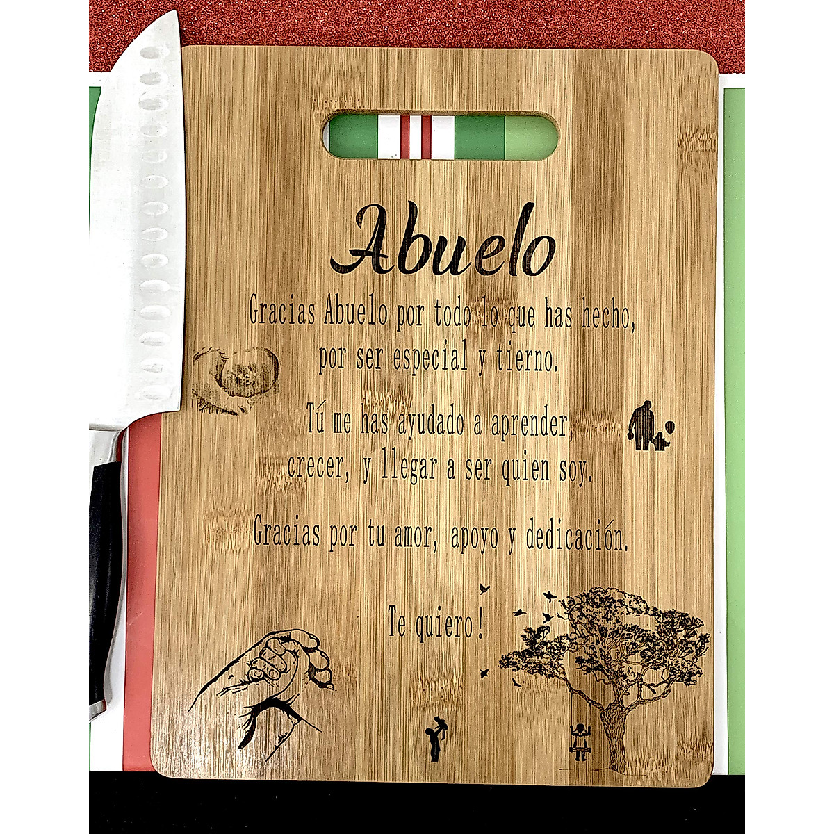Regalo para Abuelo: tabla de cortar de bambú grabada (22 x 30 cm) Gift for Grandpa-Engraved bamboo cutting board 9"x12"