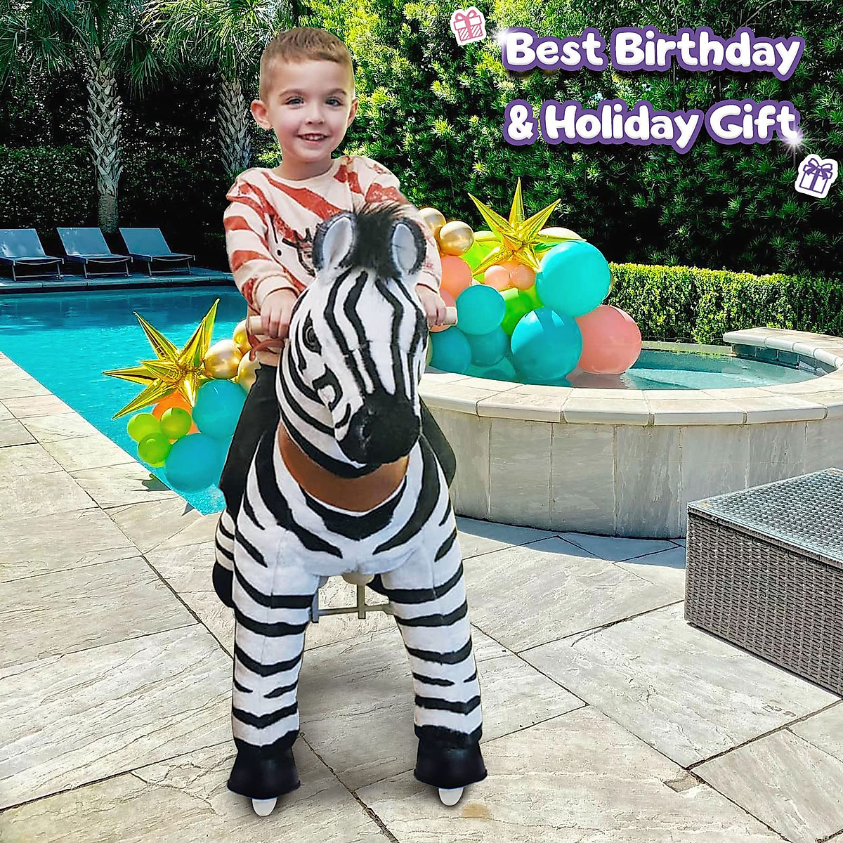 PonyCycle Zebra Kids Ride on Toys Kids Scooters Classic Model U (with Brake/ 36" Height/Size 4 for Age 4-8) Pony Cycle Ride on Zebra Plush Toy Stuffed Animal Toy Model Ux468