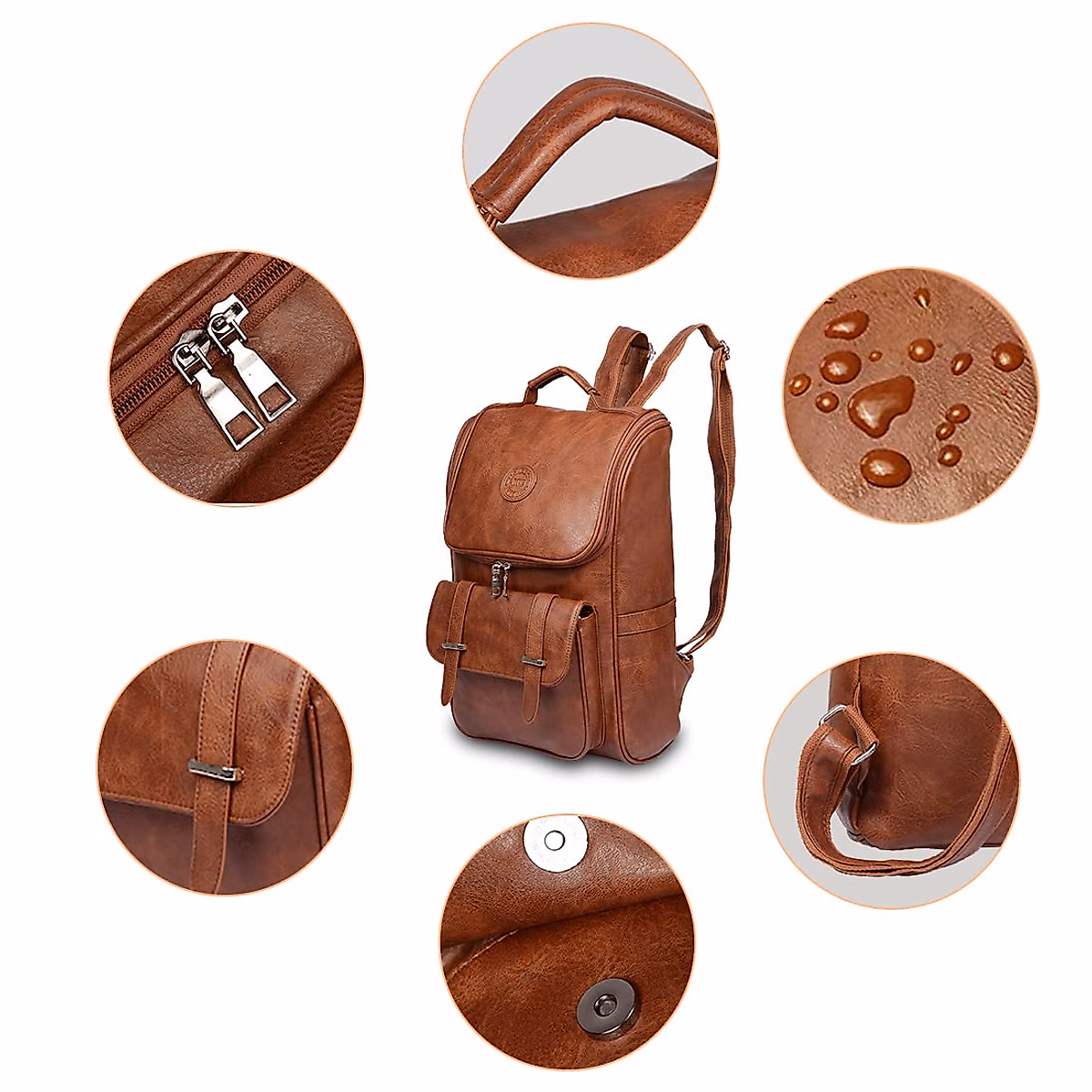 LOTCAIN Vintage Faux Leather Backpack, Slim Laptop Backpack Travel Waterproof Pack College School Bookbag Weekend Daypack Bag for Men Women,Brown