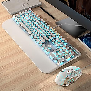 Typewriter Mechanical Gaming Keyboard and Mouse Combo, Retro Punk Round Keycap Blue LED Backlit USB Wired Computer Keyboard for Game and Office, for Windows Laptop PC, Red Switches(White)
