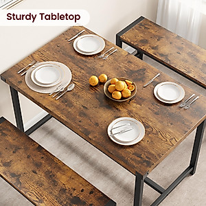 IDEALHOUSE Dining Table Set for 4, Kitchen Table with Benches, Rectangular Dining Room Table Set with 2 Metal Wood Benches, 3 Piece Dining Table Set for Small Space, Apartment, Studio, Rustic Brown