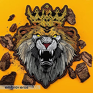 EMBROVERSE Royal Lion Large Back Patch - Golden King Crown - Angry Wild Animal Head - Embroidered Iron On - 11.6 x 15.4 inches