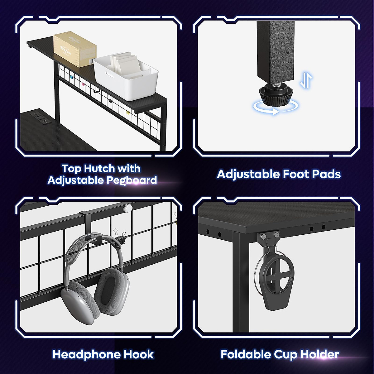 Bestier 42 L Gaming Desk,Computer Desk with Power Outlets, LED Lights, Reversible Corner Desk with 4-Tier Shelves,Cup Holder & Hook Carbon Fiber Black