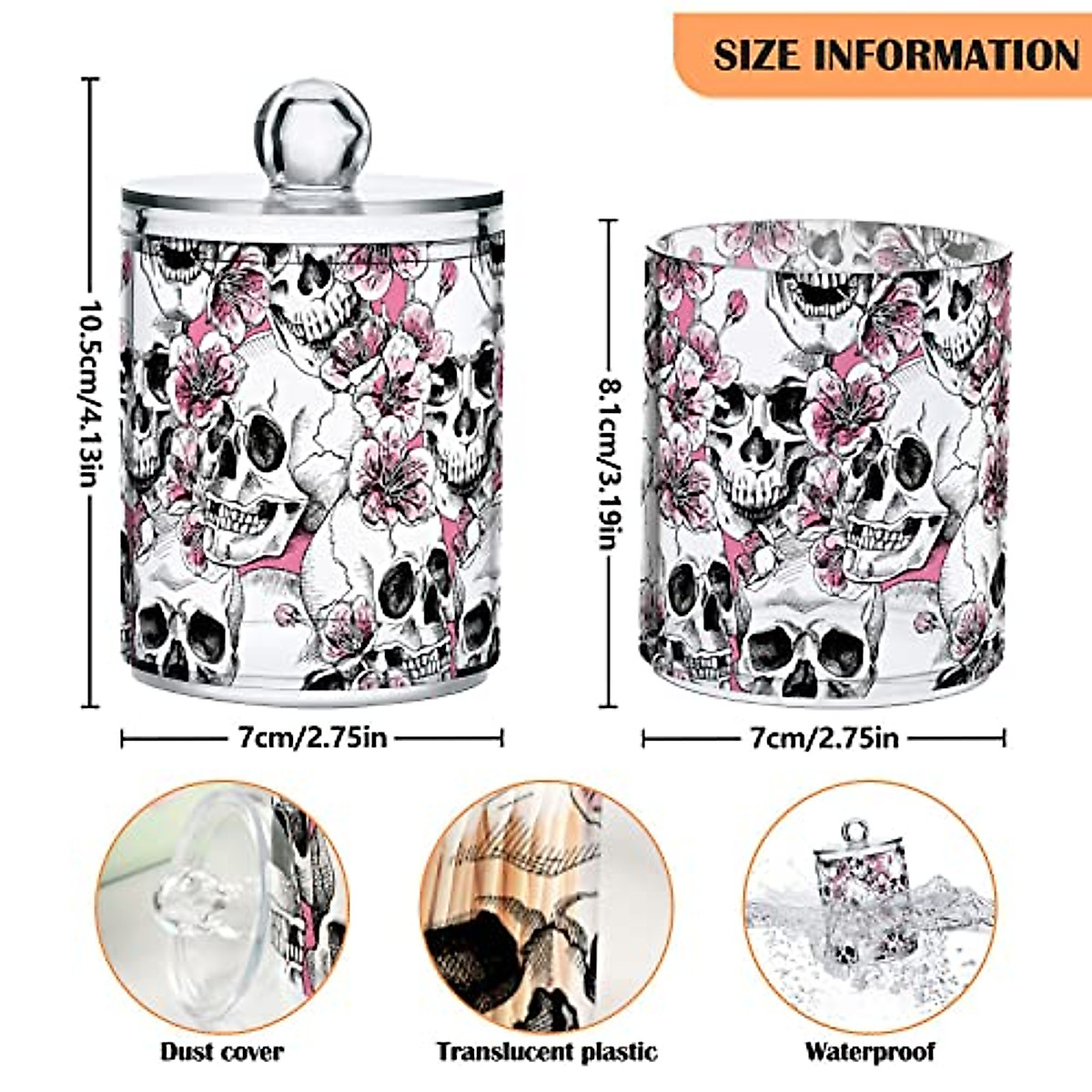 MNSRUU 2 Pack Qtip Holder Organizer Dispenser Pink Floral Skull Bathroom Storage Canister Cotton Ball Holder Bathroom Containers for Cotton Swabs/Pads/Floss