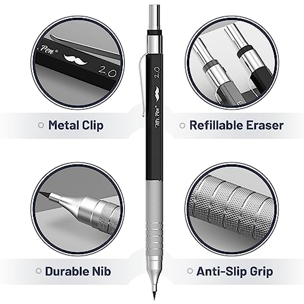 Mr. Pen- Metal Mechanical Pencil Set with Leads and Eraser Refills, 5 Sizes - 0.3, 0.5, 0.7, 0.9 and 2 Millimeters, Sketching/ Drafting Pencil