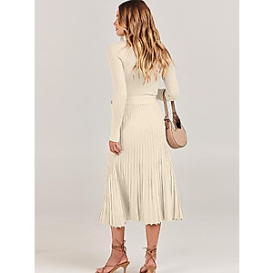 ANRABESS Women's 2024 Long Sleeve Sweater Dress Wrap V Neck Pleated Ribbed Knit A Line Belted Tie Waist Midi Dress Beige Medium