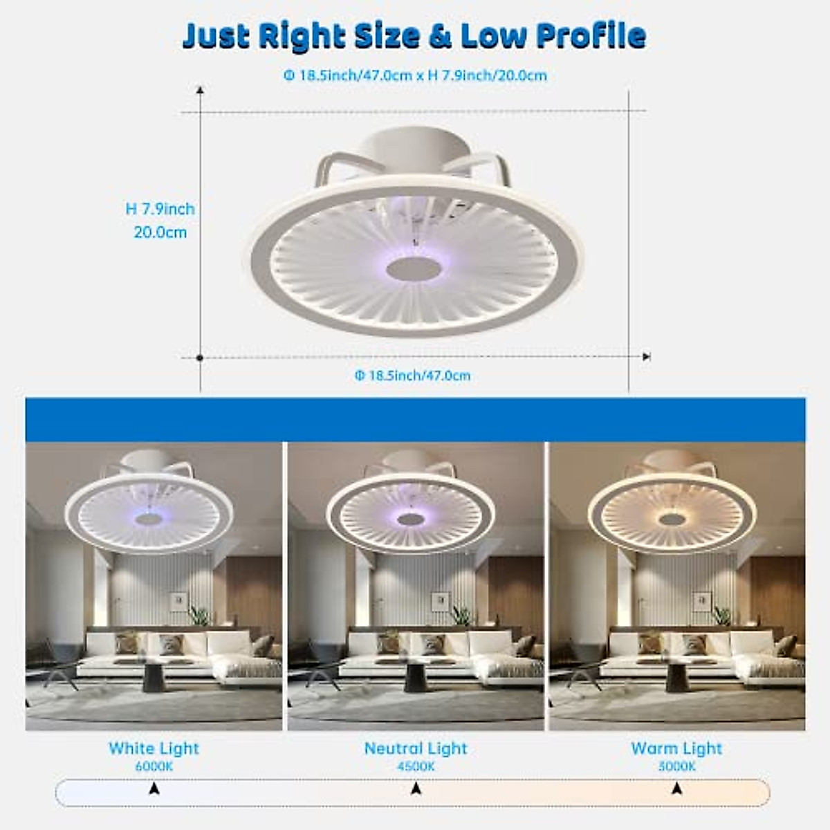 JTfany Ceiling Fans with Lights and Remote 18 Inch Flush Mount Ceiling Fan with Remote Dimmable 3 Speeds Low Profile Ceiling Fan RGB Bladeless Ceiling Fan Quiet Ceiling Fans for Bedroom Kidsroom