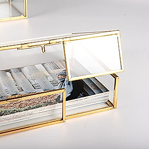 Feyarl Gold Clear Glass Photo Mail Letter Box Bill Greeting Cards Keepsake Jewelry Trinket Shadow Organizer Collection Display Case Decorative Box with Lid for Home Deco Office Table