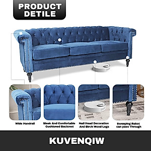 KUVENQIW Modern Chesterfield Sofa Fabric Couch.Button Tufted Nailhead upholstered Three-Seater Sofa for Living Room, Bedroom, Office Lounge.Comfortable and Durable.(Blue)