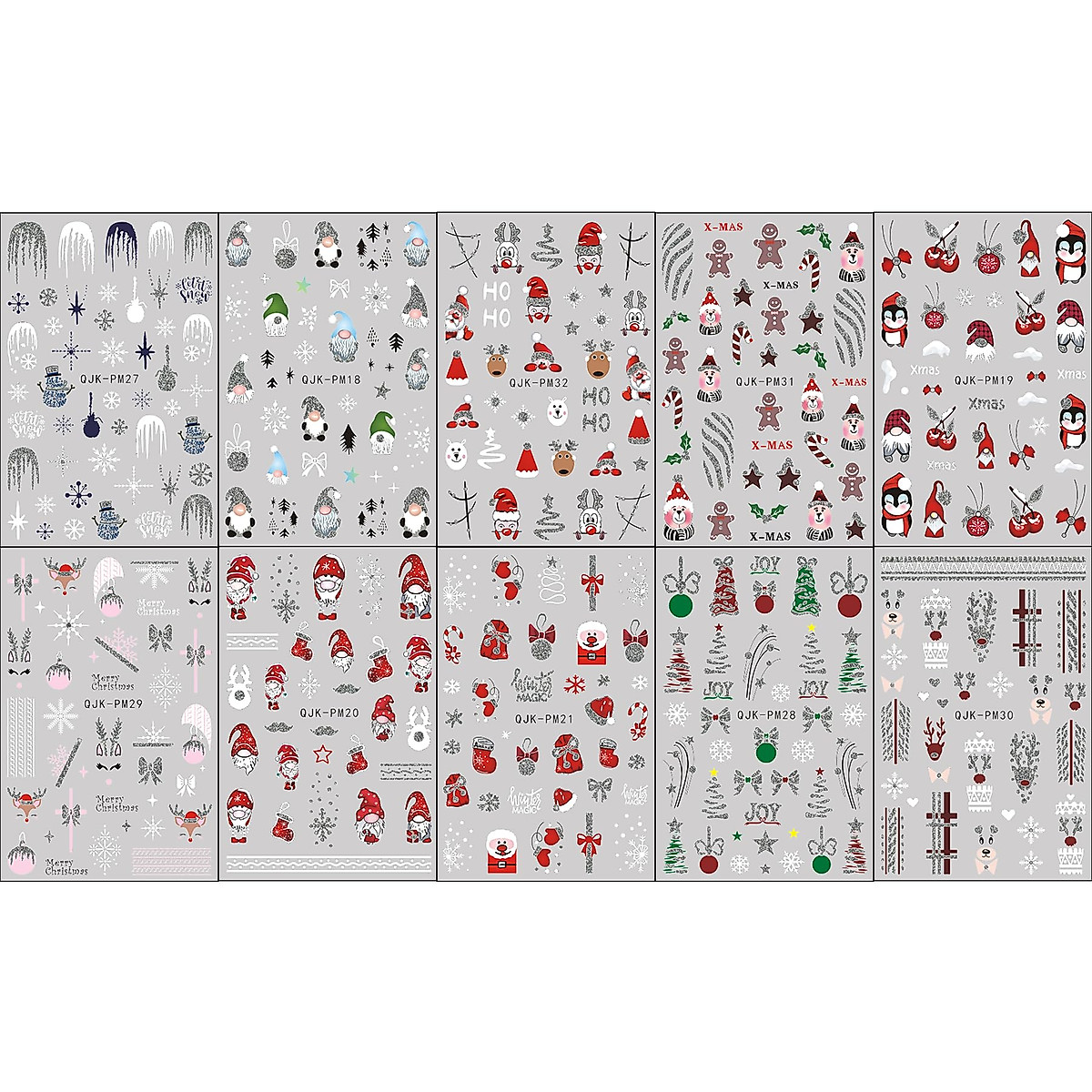 JMEOWIO 10 Sheets Glitter Christmas Nail Art Stickers Decals Self-Adhesive Pegatinas Uñas Cute Snowman Snowflake Line Xmas Winter Holiday Nail Supplies Nail Art Design Decoration Accessories