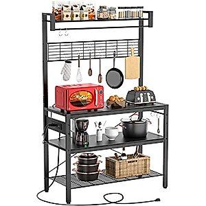 Bakers Rack with Power Outlet, 4-Tier Microwave Oven Stand, Coffee Bar Station with 10 Hooks, Large Kitchen Storage Shelf with Hutch, Black
