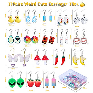Sanfenly 17 Pairs Cute Weird Earrings Aesthetic Funny Earrings for Women Gummy Bear Duck Water Bottle Mushroom Butterfly Strawberry Banana Avocado Paint Palette Chili Funny Drop Dangle Earrings with