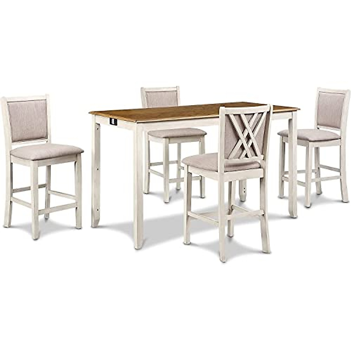 New Classic Furniture Amy Farmhouse Kitchen Counter Island Dining Table for 4 with Storage Shelf & USB Chargers, Two Tone Vintage White/Brown