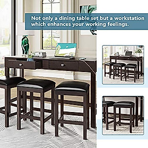 Knocbel 4-Piece Counter Height Table Set with Storage Drawers and Socket, Home Kitchen Bar Dining Room Set with 3 Faux Leather Padded Stools (Espresso)