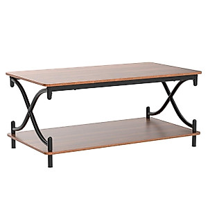 VECELO Coffee Table with Storage and Open Shelves for Living Dining Room 39-Inch, Modern Rectangle & Industrial Design, X-Shape Frame, Brown