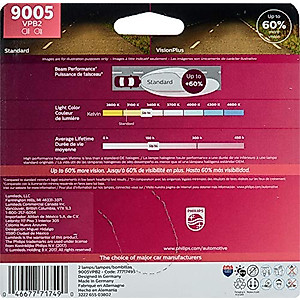 Philips Automotive Lighting 9005 VisionPlus Upgraded Headlight with up to 60% More Vision, 2 Pack