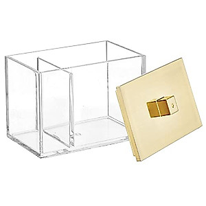 mDesign Modern Square Bathroom Vanity Countertop Storage Organizer Canister Jar for Cotton Swabs, Rounds, Balls, Makeup Sponges, Bath Salts - 2 Divided Sections - Clear/Soft Brass