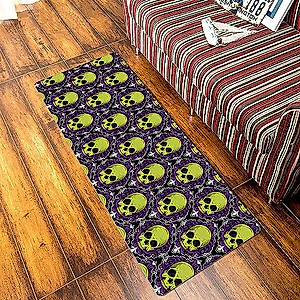 Jolunifun Halloween Antifatigue Kitchen Bath Door Mat Cushioned Runner Rug,Washable Welcome Floor Sink Mat,Waterproof Non-Slip Comfort Standing Doormat,Green Horror Skull Bone Purple Backdrop 24"x36"