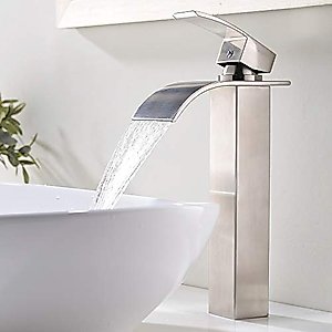 VESLA HOME Modern Wide Waterfall Spout Brushed Nickel Vessel Sink Faucet,Single Handle Tall Bathroom Faucet,Above Counter Single Hole Vanity Lavatory Faucet for Bathroom Sink