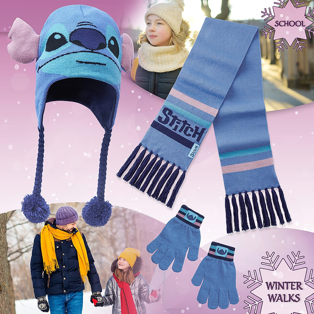 Disney Stitch Girls Beanie Scarf Teenagers Kids Gloves Winter Accessories Stitch Gifts, Different Sets to Choose (Blue Stitch 3 Pcs)
