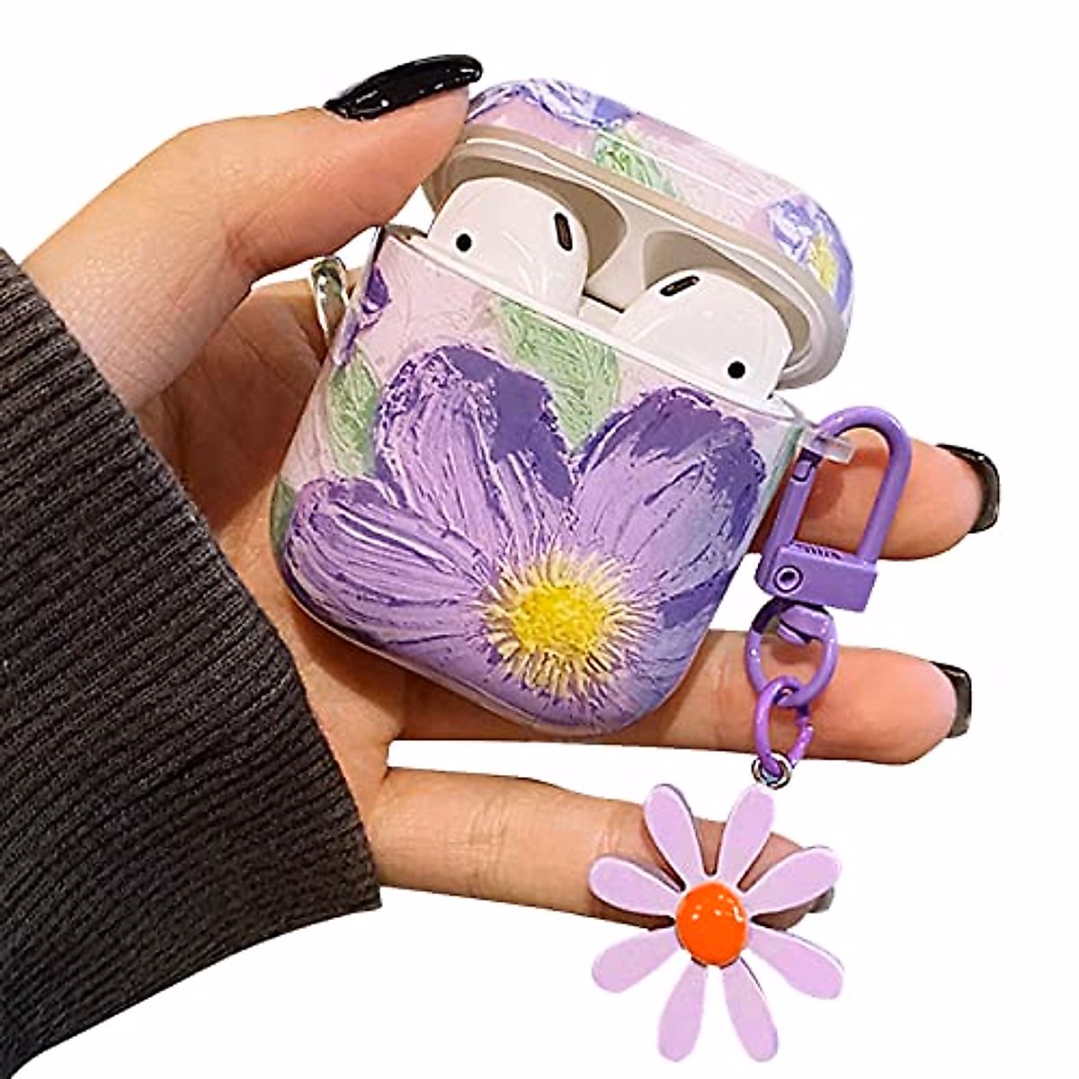 Lovmooful AirPods Case for Airpods 2 & 1, Cute Oil Painting Flower Pattern with Flower Keychain Design Cover for Women Girls Shockproof Protective TPU AirPods 1&2 Charging Case - Purple2