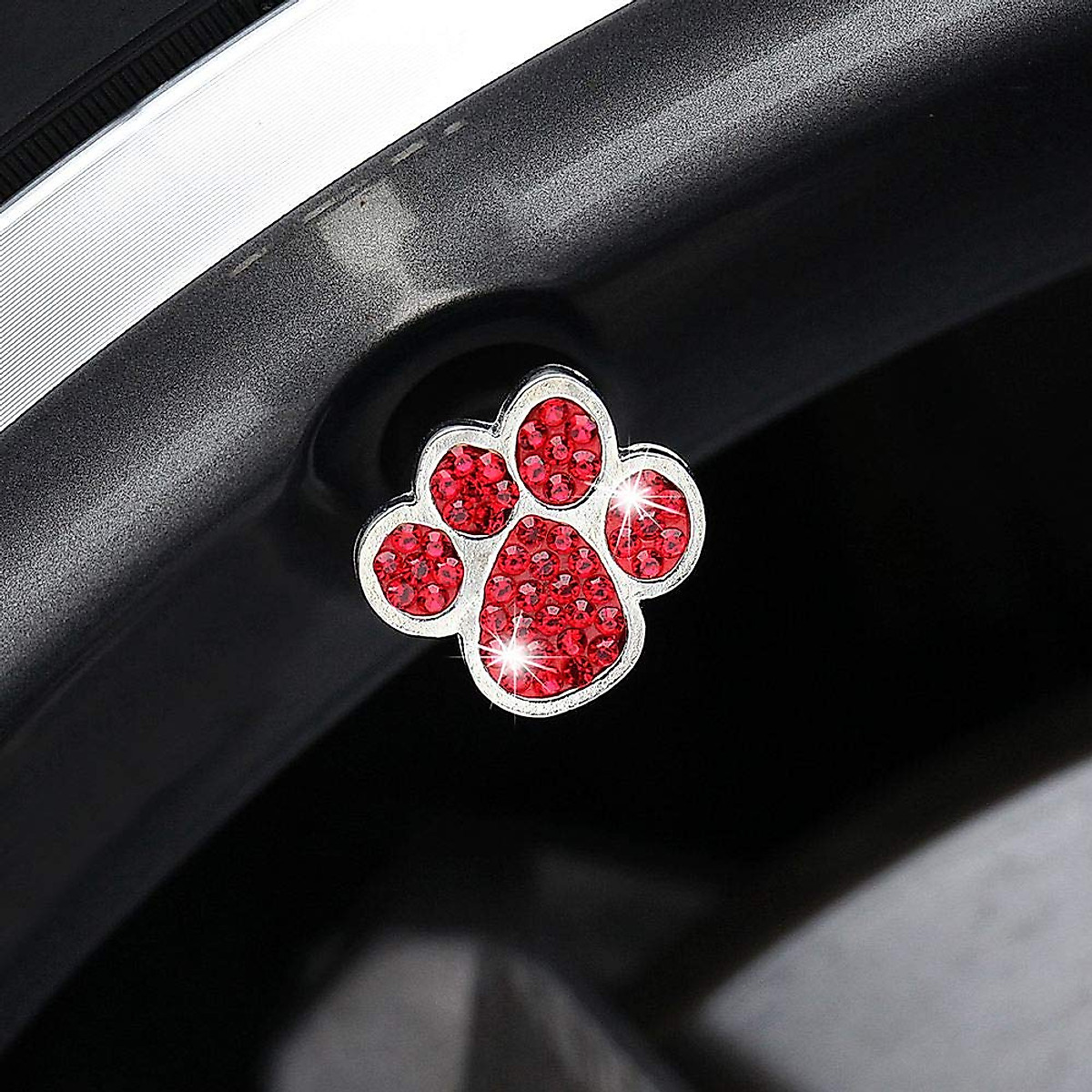 AuMoHall 4 Pack Crystal Paw Tire Valve Caps Bling Handmade Rhinestone Tire Valve Dust Caps Tire Rim Valve Stem Caps, Red