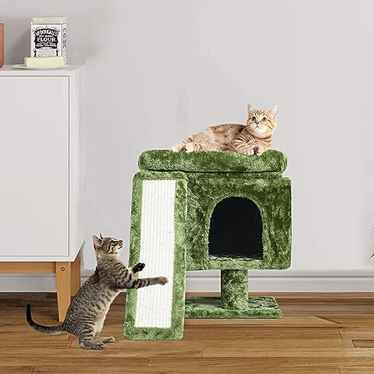 SYANDLVY Small Cat Tree for Indoor Cats, Kittens Condo with Scratching Post and Board, Cat Cave, Modern Cat Activity Tower with Plush Perch (Green)
