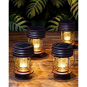 Leelosp 4 Pack Hanging Solar Lanterns Waterproof Lights Powered Led Decorative Landscape Light Table Lamp with Design for Patio, Garden, Yard, and Pathway Decor, Warm