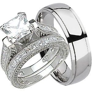 His and Hers TRIO Wedding Ring Set 3 PCS Couples Rings Bride Groom Band Him Her 13/9